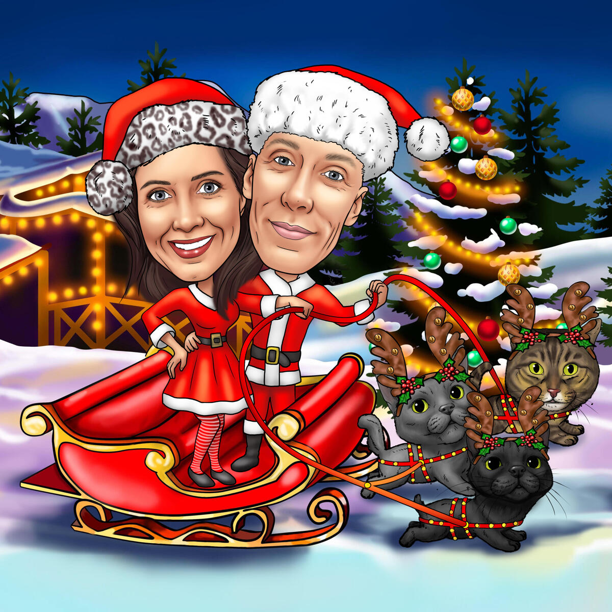 Couple with Pets Christmas Card Caricature Hand-Drawn from Photos