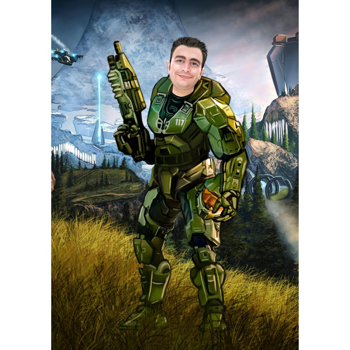 Halo Master Chief -pelin fanien karikatyyrilahja mukautetulla taust...