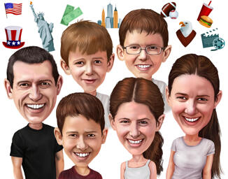 Six People Group Cartoon Drawing in Colored Style from Photos