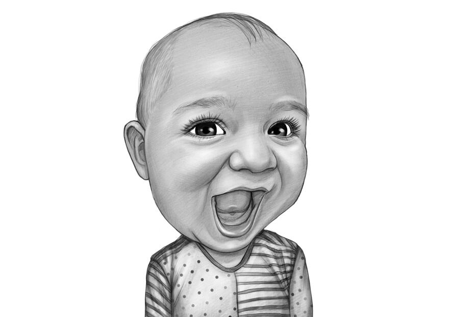 Kid karikatur tegning fra foto i sorte og hvide blyanter