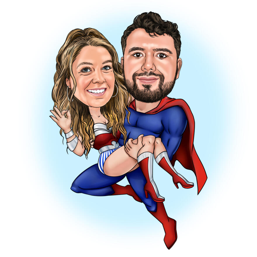 Holding on Hands - Couple Superheroes Caricature