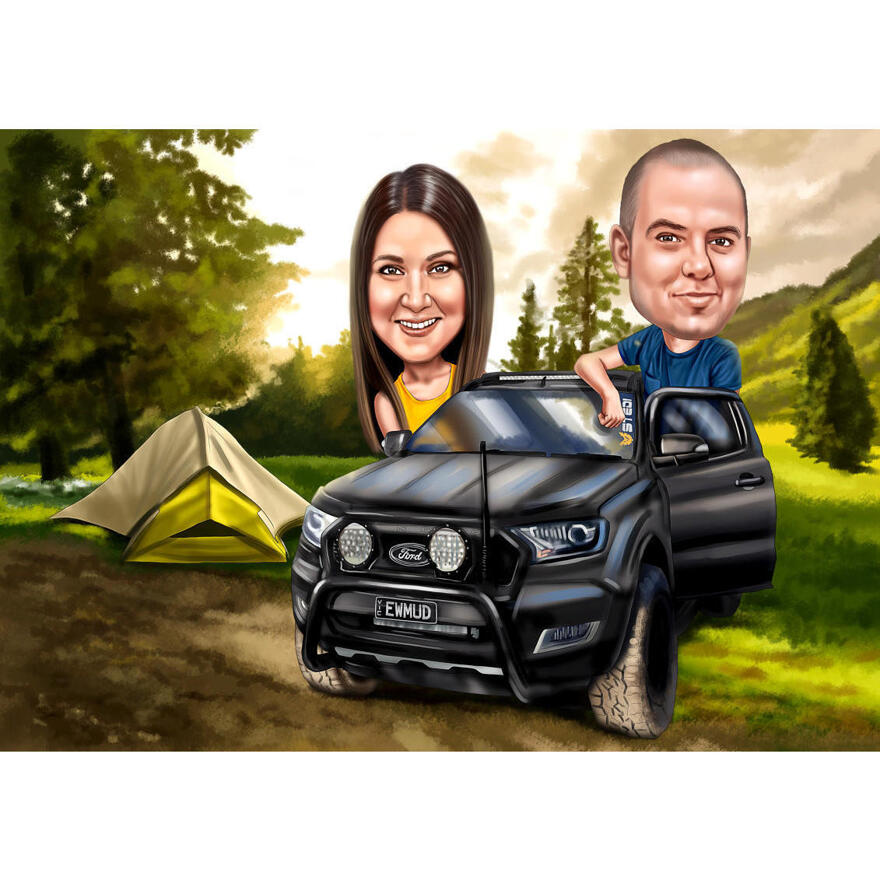 Camping Holidays Trip Couple Fun-Loving Caricature on Custom Background
