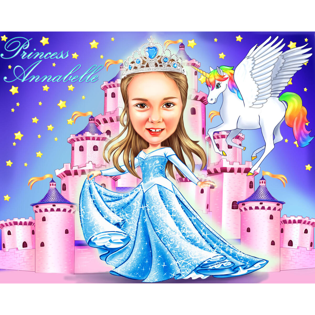 Little Girl Princess Caricature Gift in Color Style with Fairy Backgro