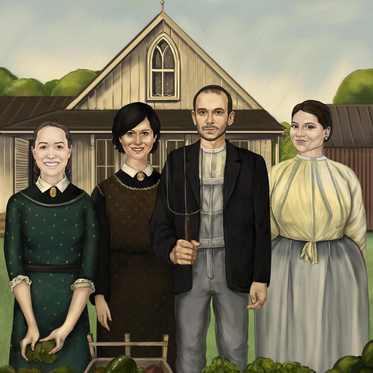 American Gothic Family Portrait - Custom Drawing