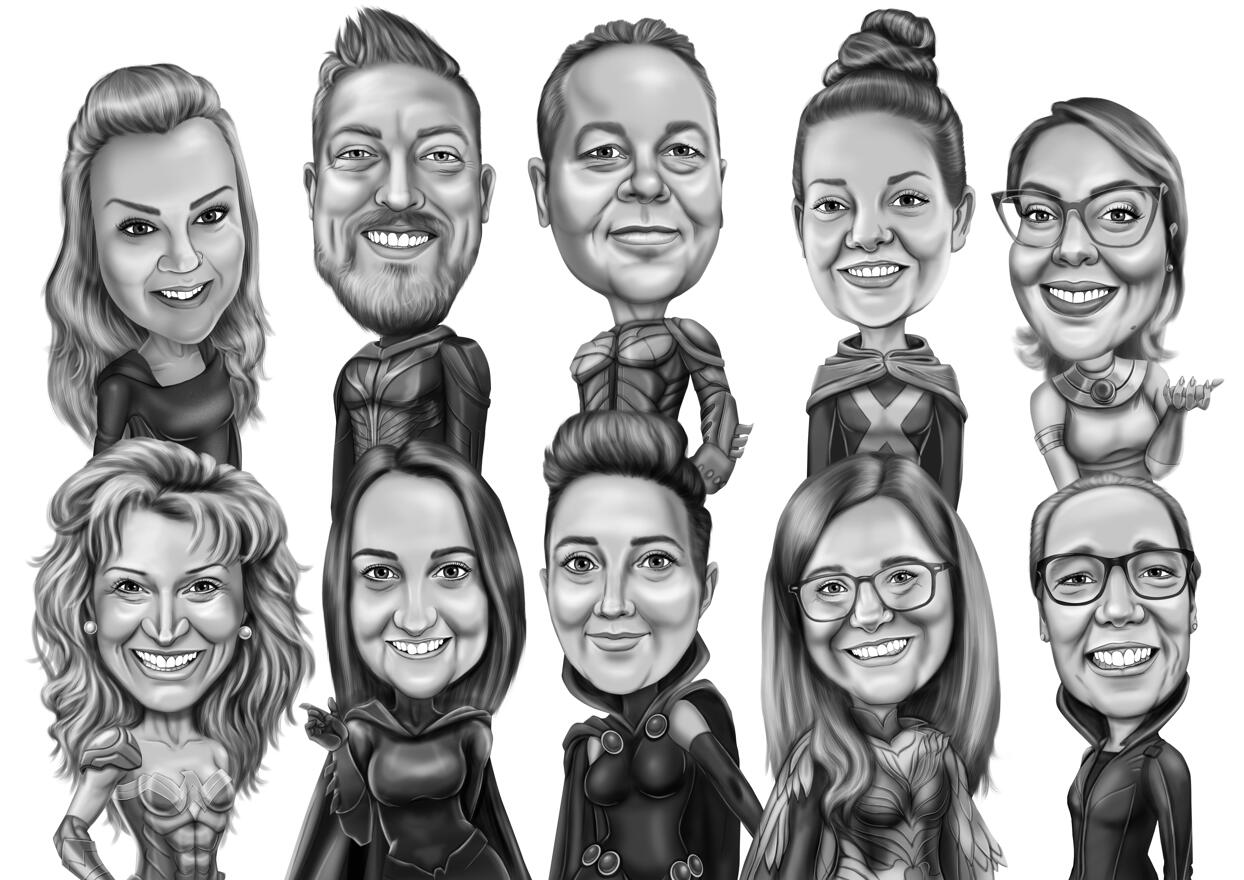 Superheld groep karikatuur in zwart-wit met stad achtergrond