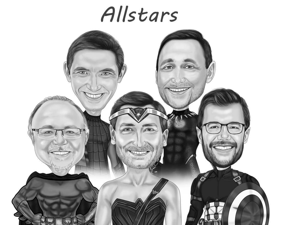 Superheld groep karikatuur in zwart-wit met stad achtergrond