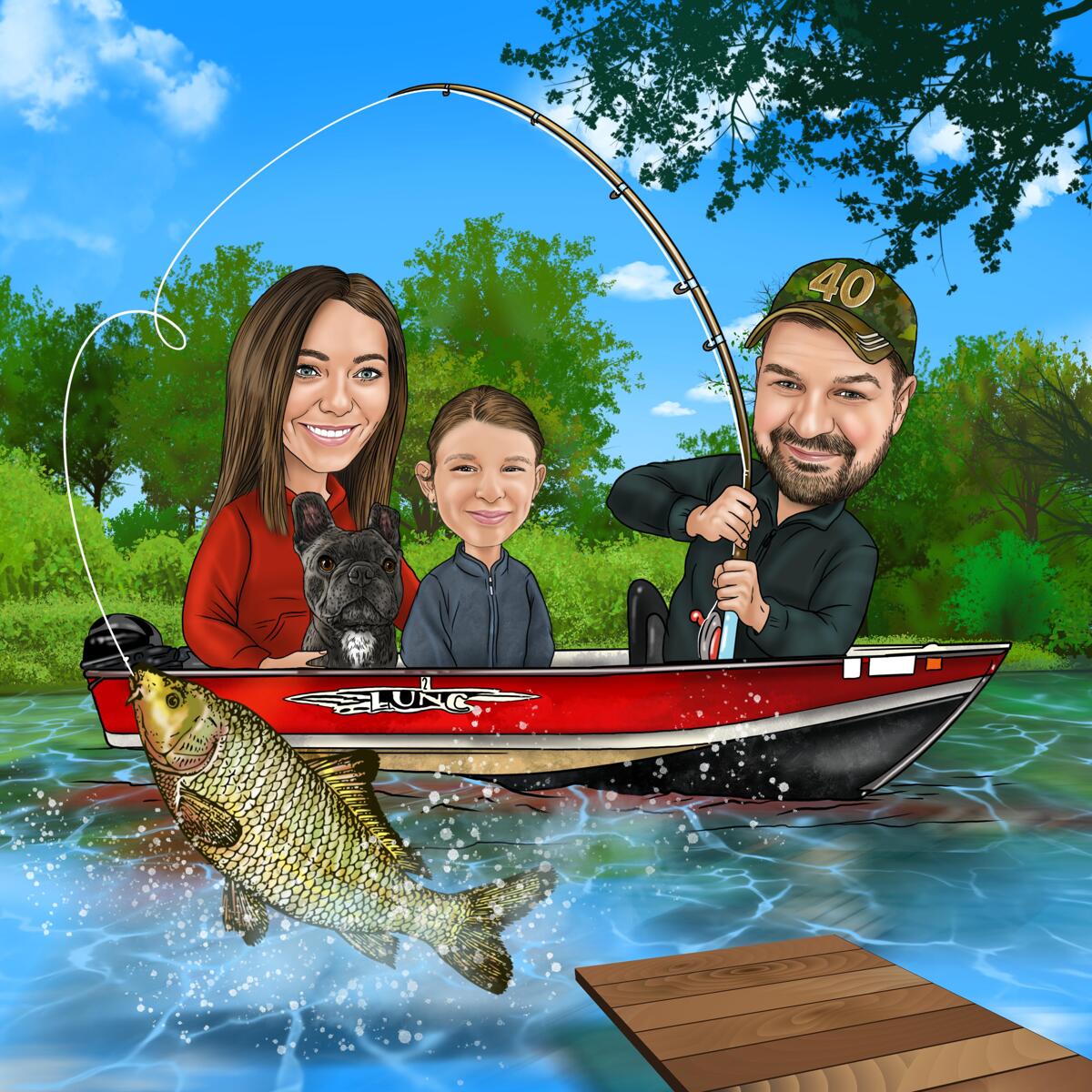 Karikatyr av fiskande familj | Anpassat porträtt av fiskande familj ...