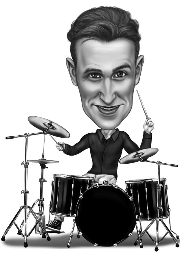 Drummer Cartoon in Black and White Style for Drums Lovers