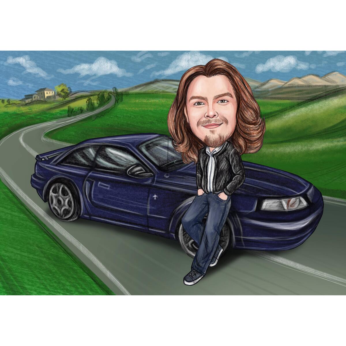 Road Man Car Pencils Caricature – Custom Hand-Drawn