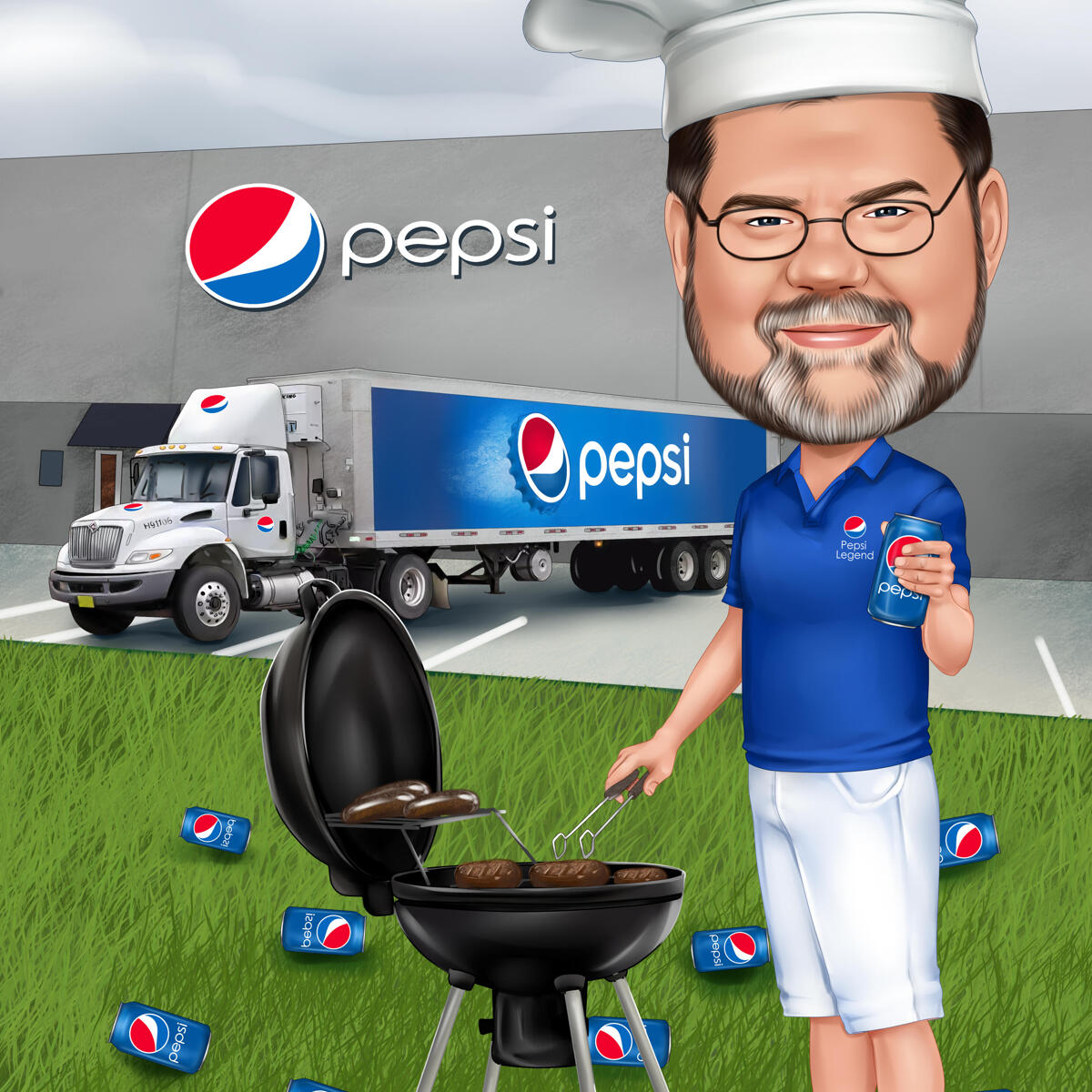 Grill Master'ın Pepsi Kamyon Arka Planlı Tam Vücut Çizimi🥩🎨🥤. Çevrim ...