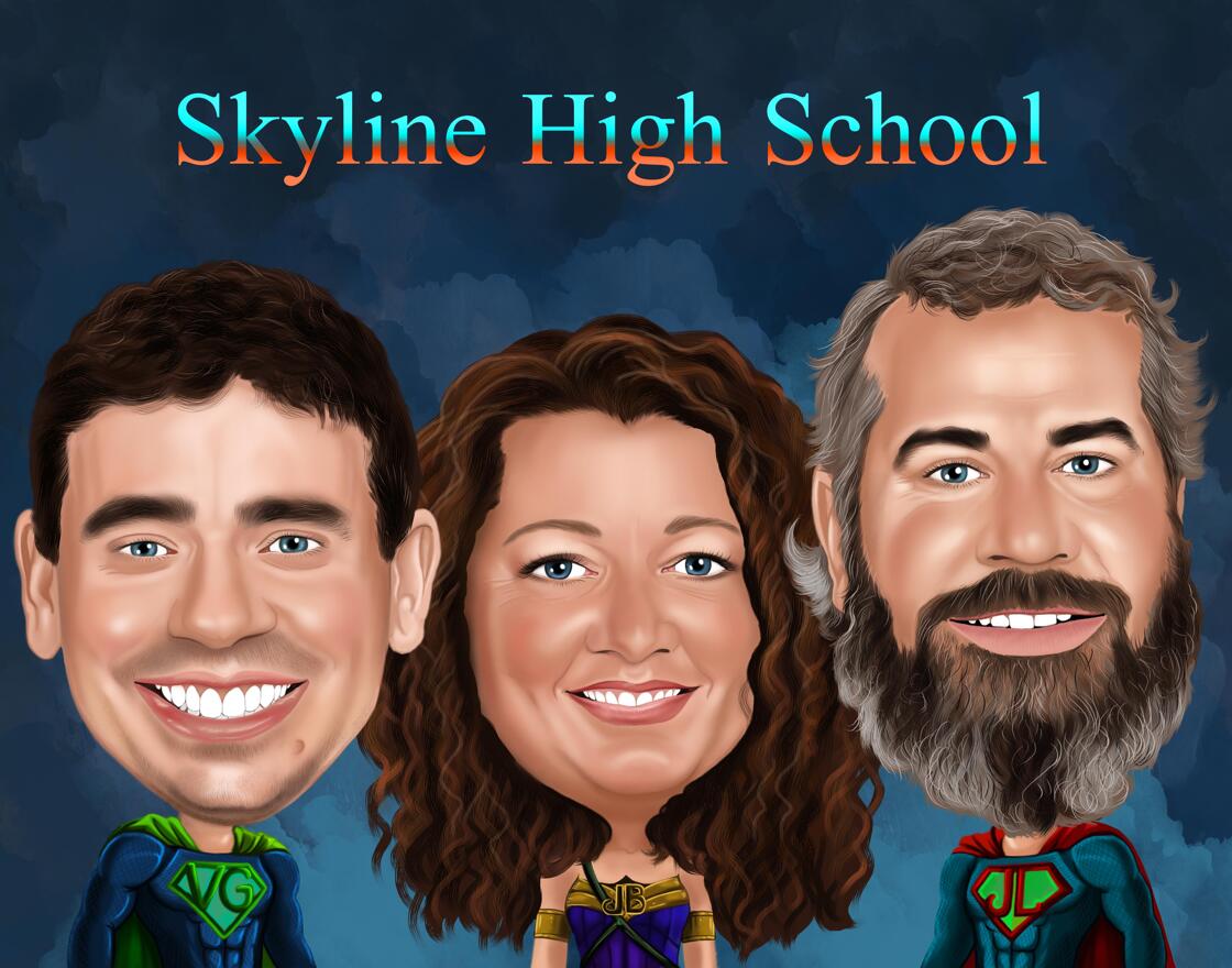 Superheld overdreven groepskarikatuur in kleurstijl van foto's