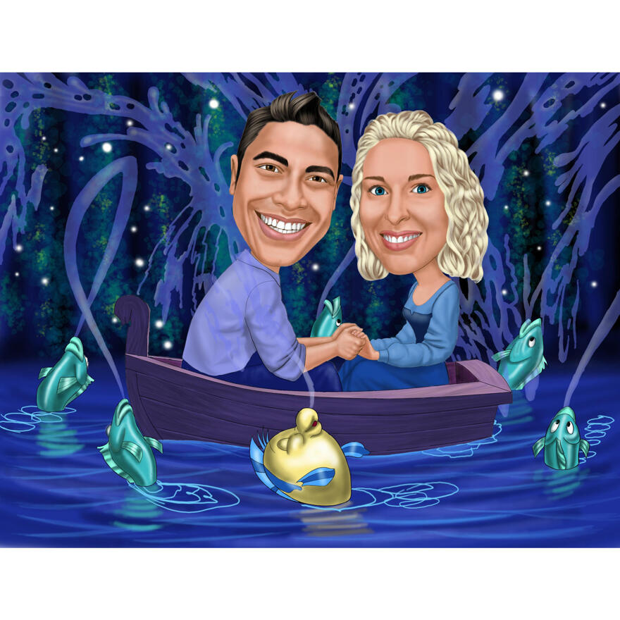 Ritratto caricaturale di una coppia romantica ispirata a una sirena in ...