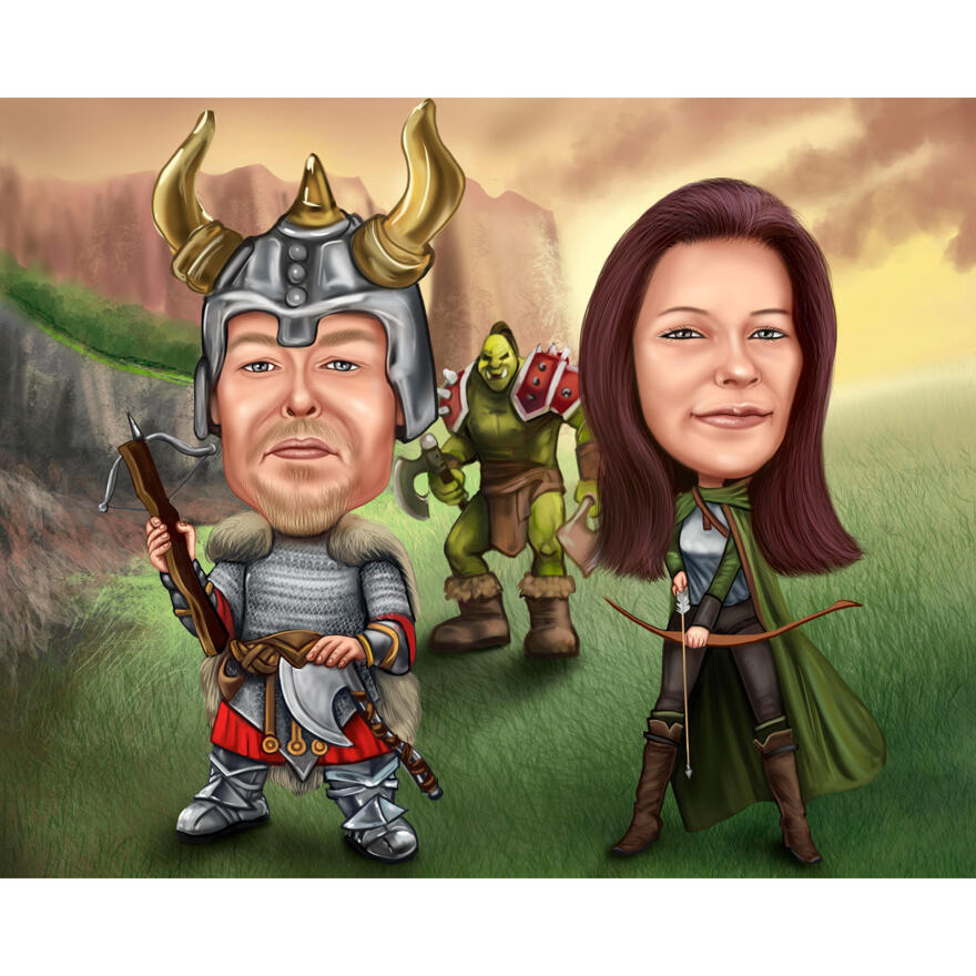 Desen de caricatură de cuplu de arcași pentru fanii Dungeons and Dr...