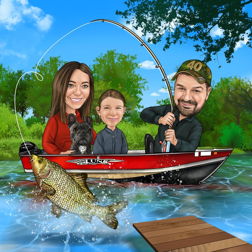 Fishing Family Caricature | Custom Family Fishing Portrait from Photo