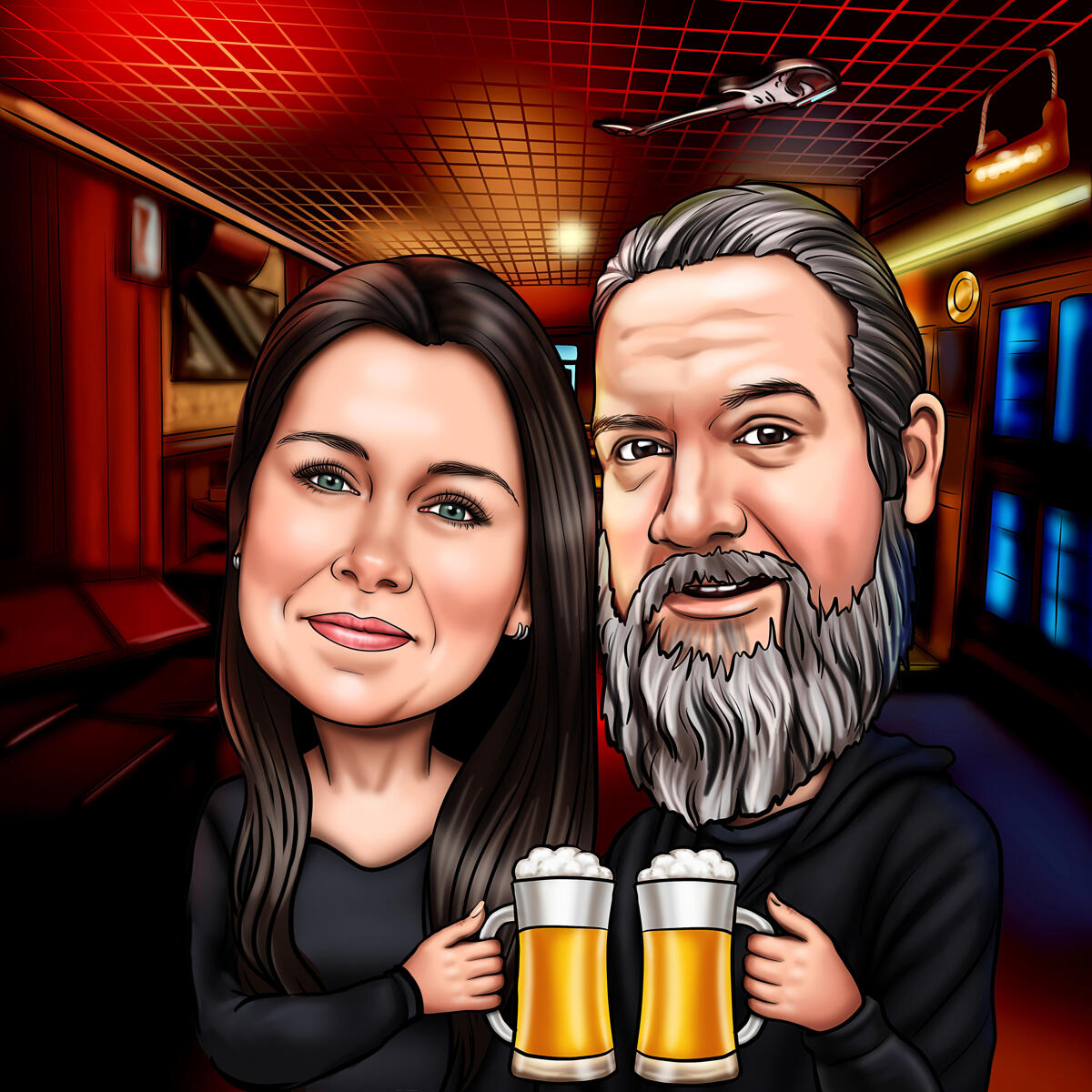 Personalized Bar Scene Drawing of Two Friends🍻🎨🖌️. Buy online!