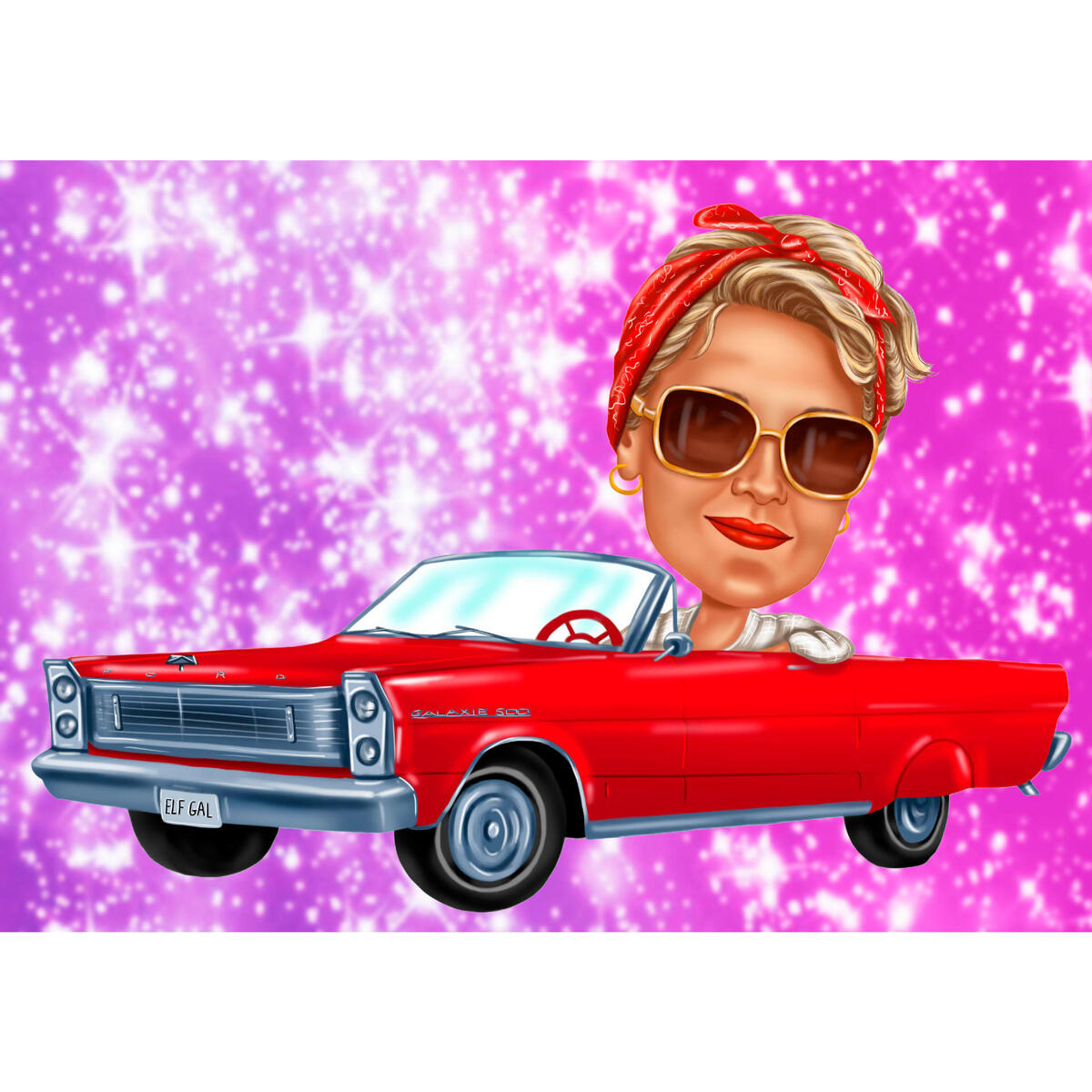 Karikatur af en kvinde i en bil i Pin Up-stil