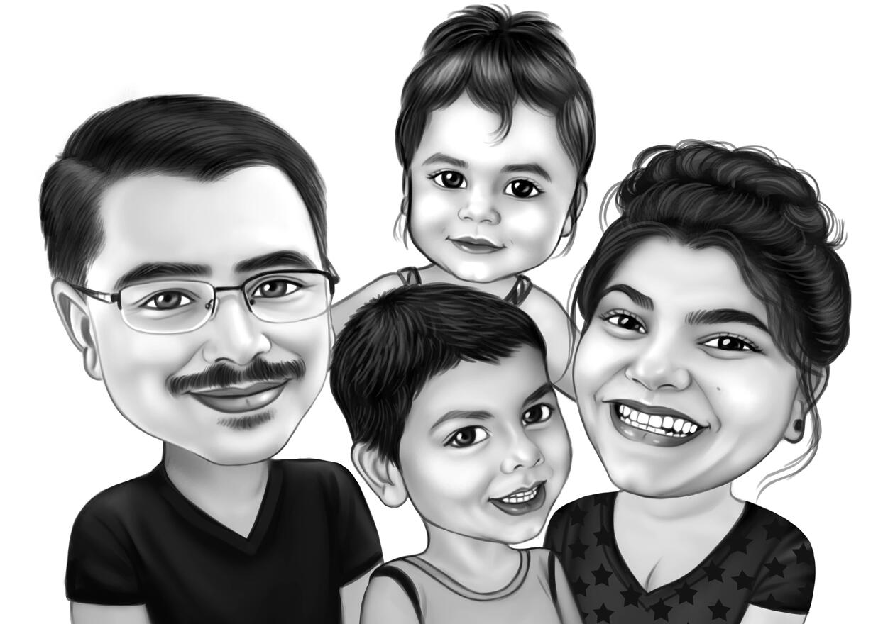Family Cartoon Of 4 Black And White
