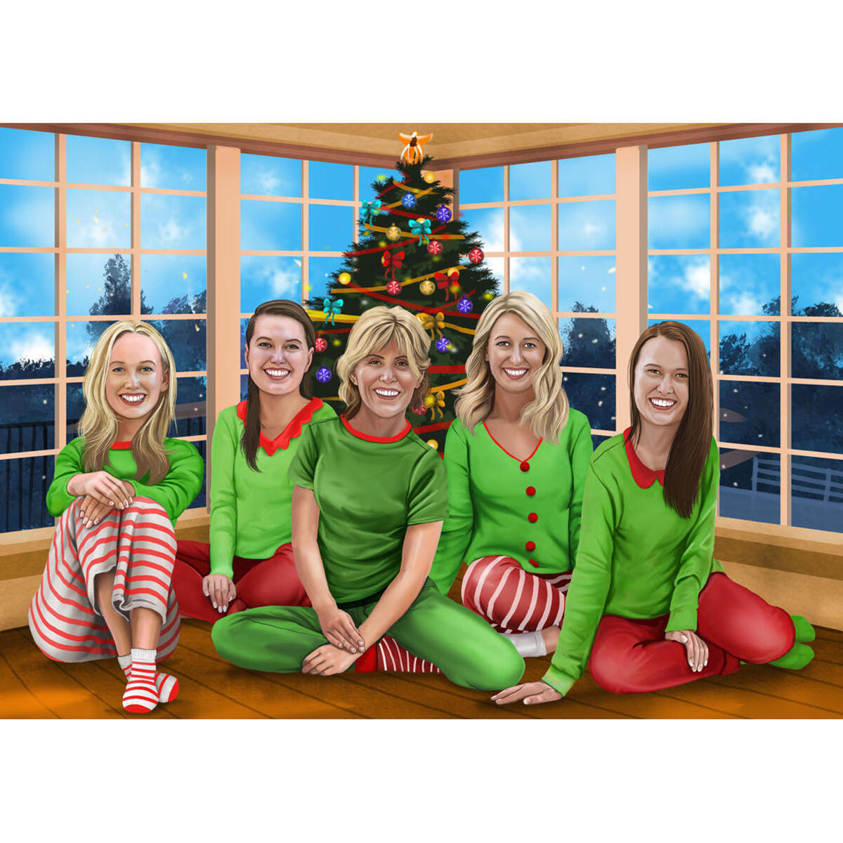 Group Portrait as Christmas Elves – Custom Holiday Caricature
