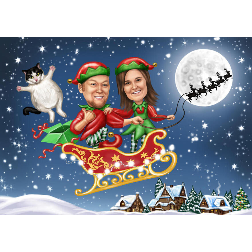 Couple as Elves in Sleigh Caricature | Christmas Gift 🎄🛷