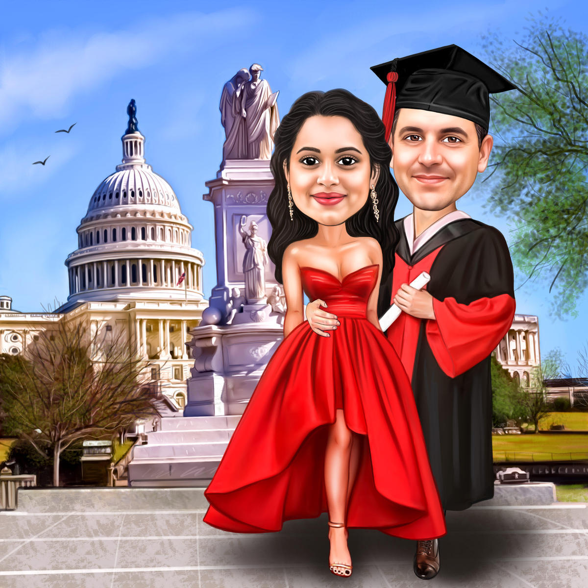 Graduation Couple Cartoon Drawing