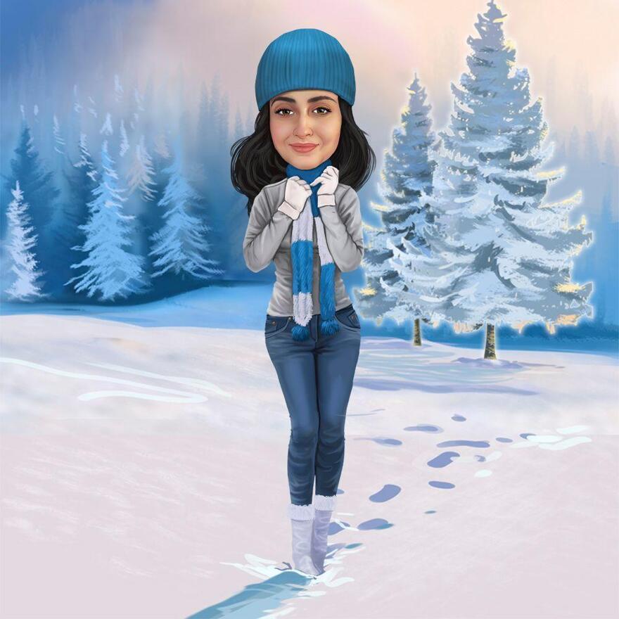 Winter Caricature Portrait with Snow Background