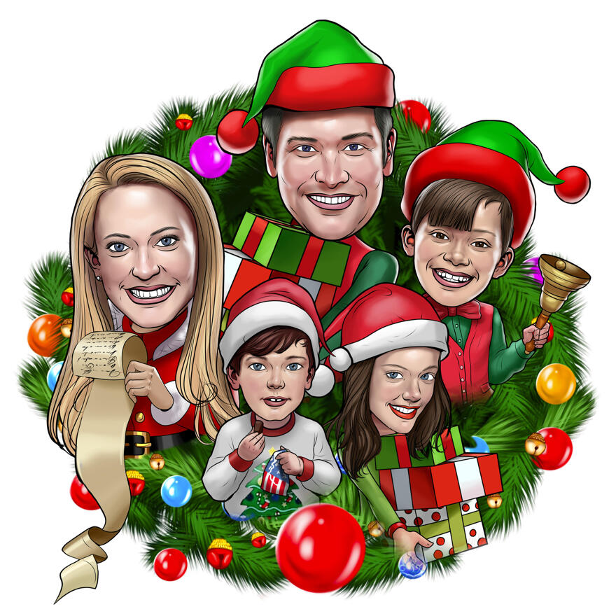 Christmas Wreath Family Caricature | Unique Holiday Family Portraits