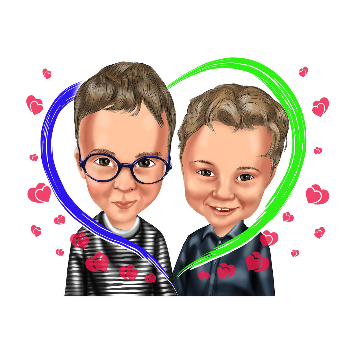 Siblings Cartoon Portrait in Neon Heart