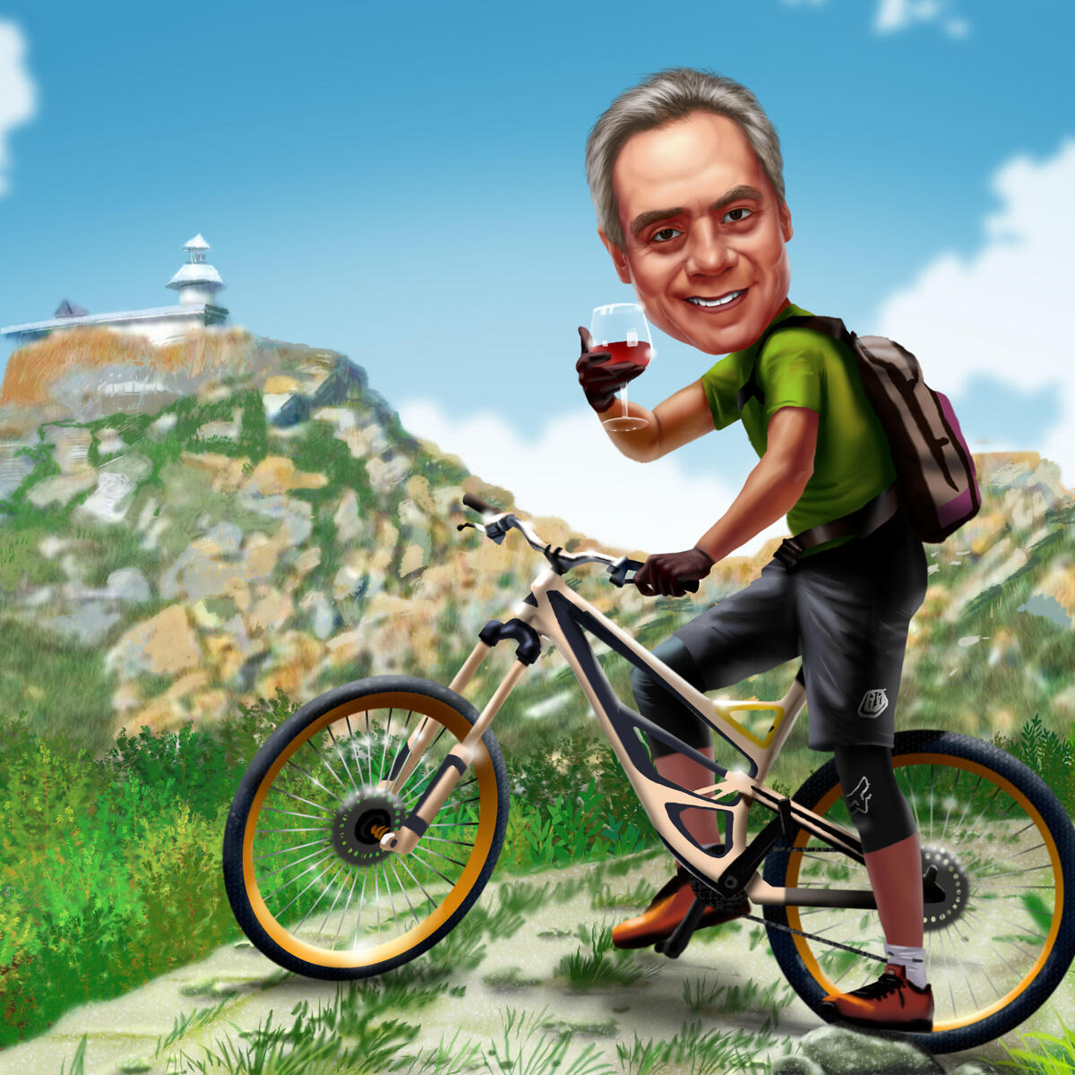 Man op fiets - karikatuur voor fietsliefhebbers