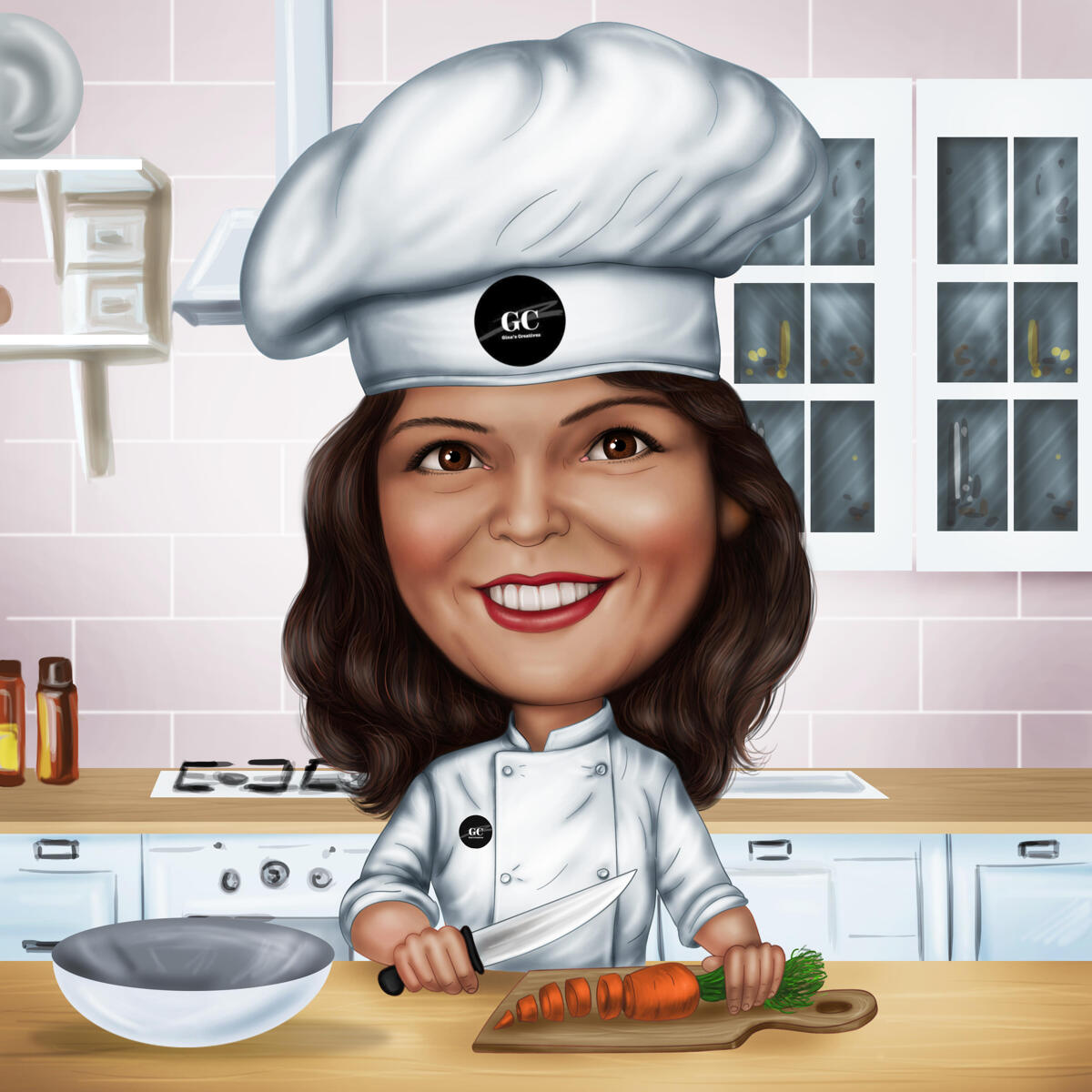 Cooking Caricature with Kitchen Background👩‍🍳🔪🍳Hand-painted from photos ...