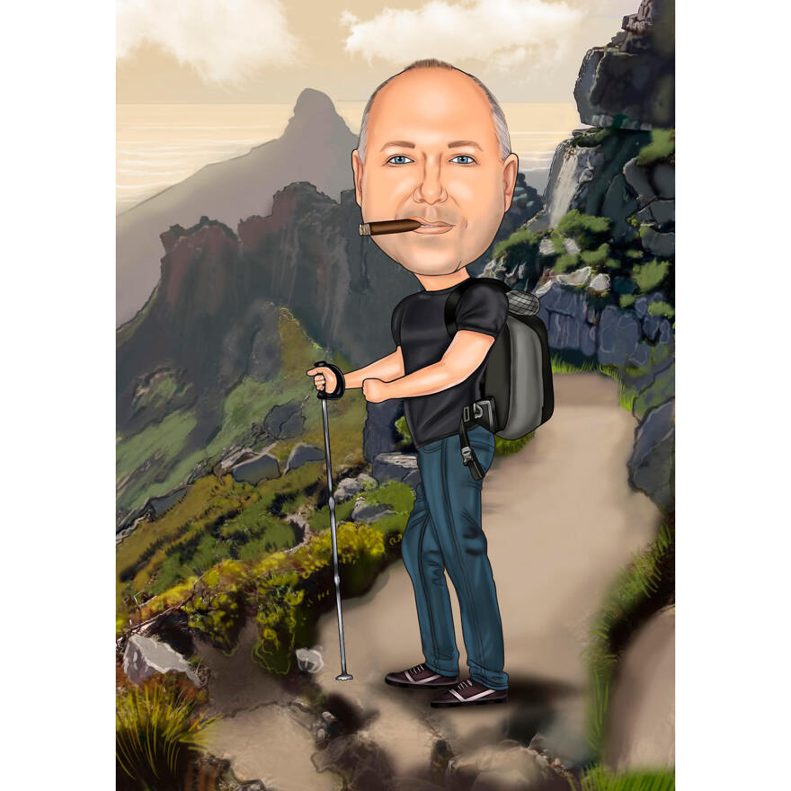 Renkli Stilde Dağ Arka Planlı Yürüyüş Adam Karikatürü