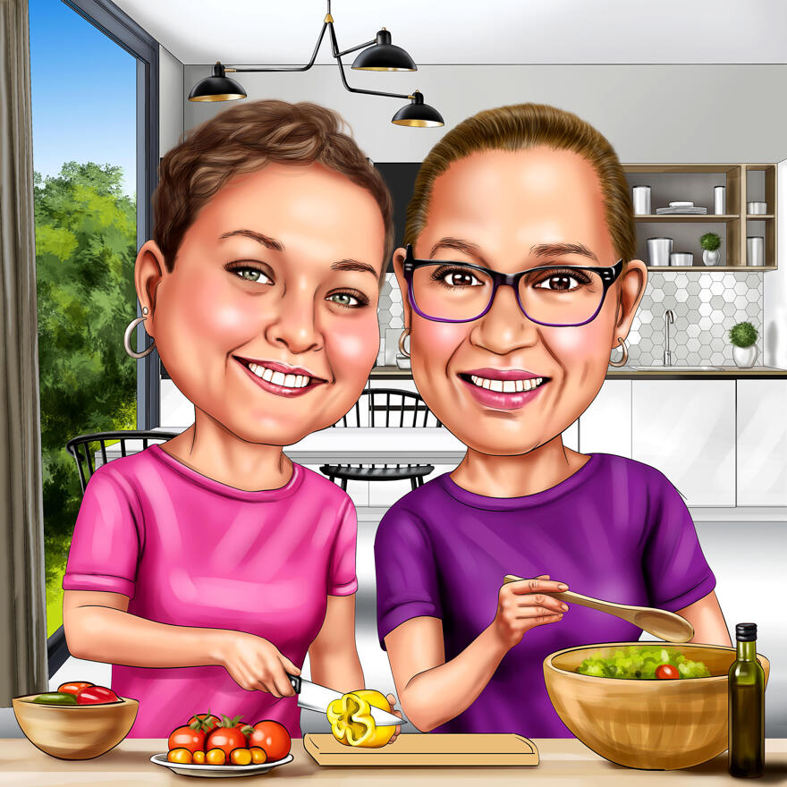 Cooking Caricature of Two Person Hand Drawn in Colored Style