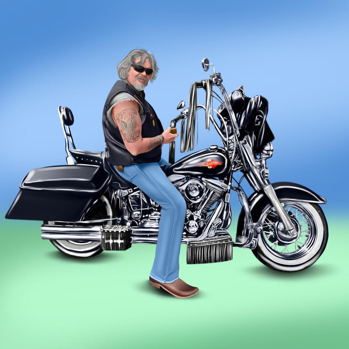 Biker Caricature: Buy online personalized and stylized hand drawn 🏍️🎨🖌️