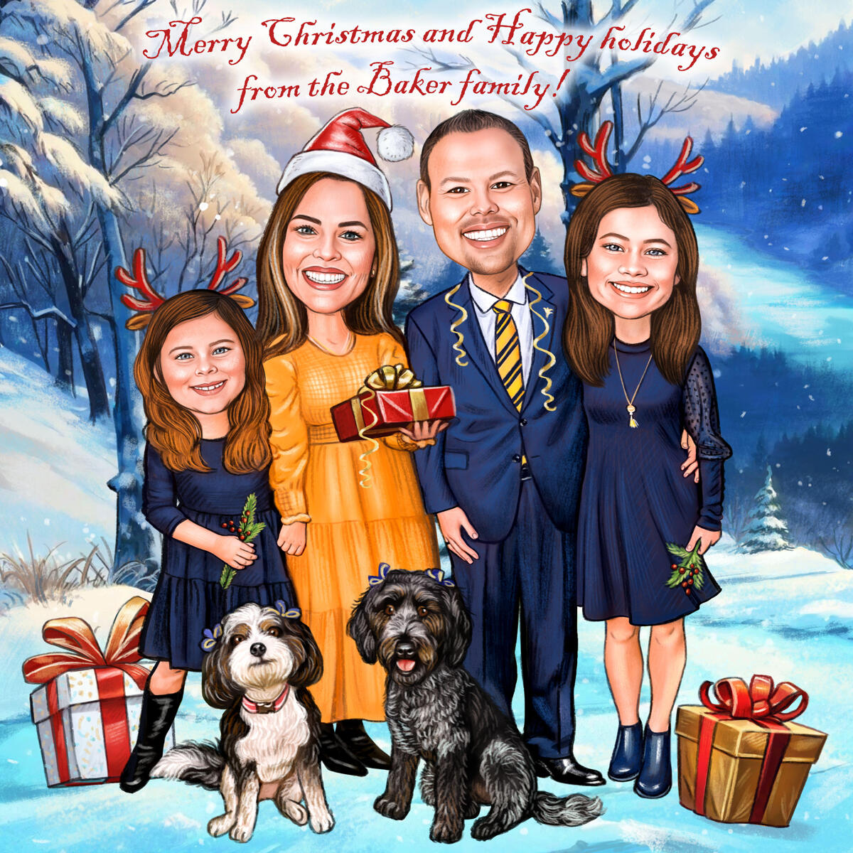 Family Cartoon Christmas Card Hand-Drawn from Photos