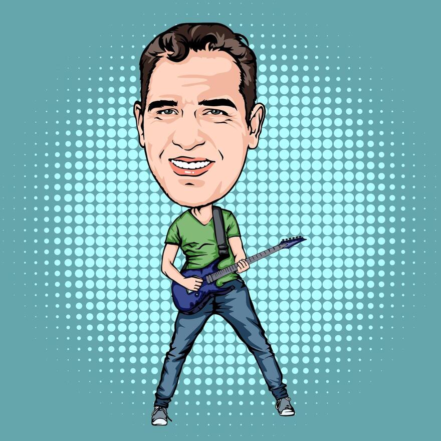 Cartoon afbeelding persoon met gitaar in retro pop-art stijl