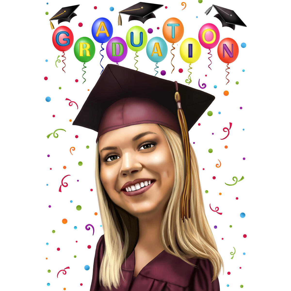 Girl Graduate Caricature with Balloons – Custom Graduation Gift
