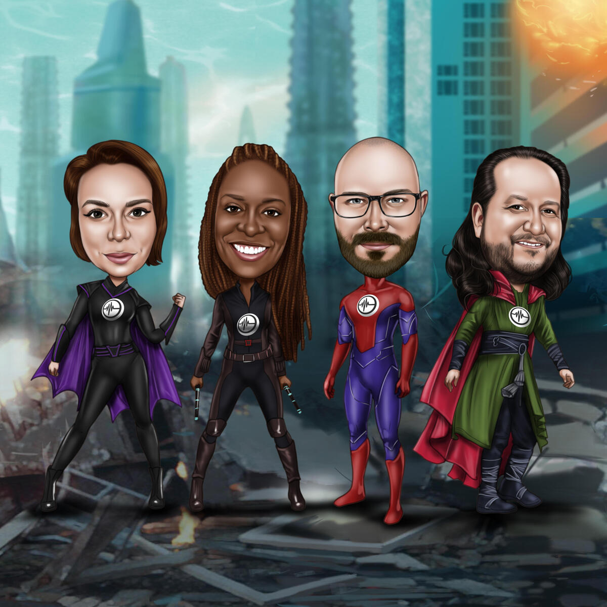 Superhero Group Caricature – Fun Team Gift of Heroes in One Illustration