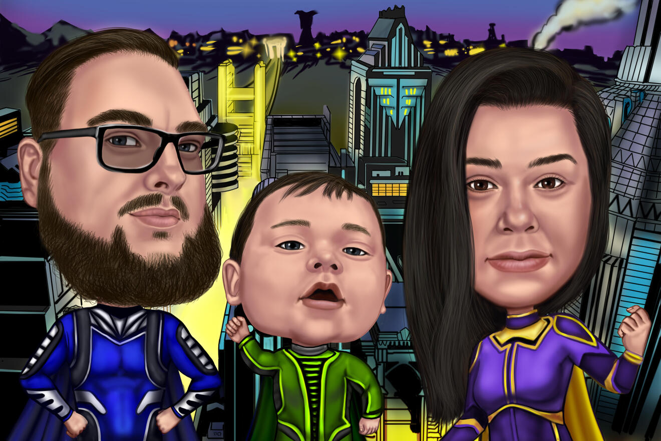 Superheld overdreven groepskarikatuur in kleurstijl van foto's